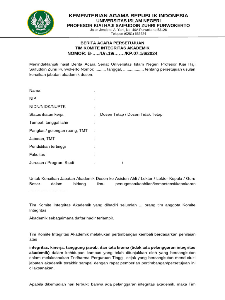 Berita Acara Persetujuan Tim Komite Integritas Akademik | PDF