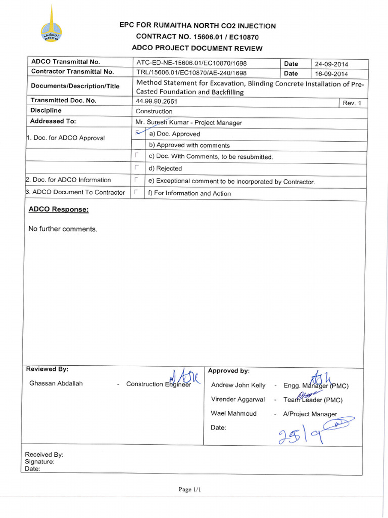 Method Statement for Excavation, Blinding Concrete, Installation of Pre ...