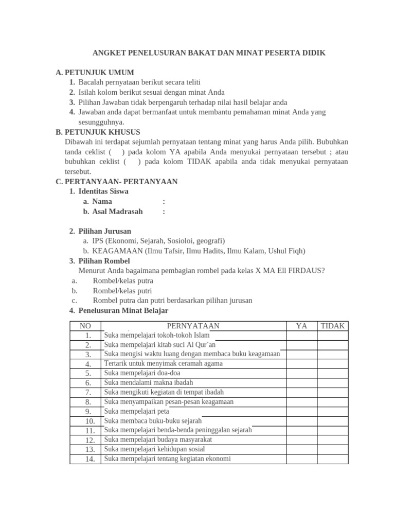 Angket Minat dan Bakat Siswa MA | PDF