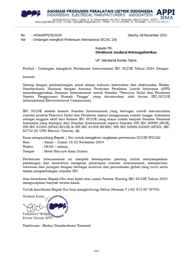 043A - Undangan Rapat WG1 dan 2 IEC SC23E - Ditjen Gatrik | PDF