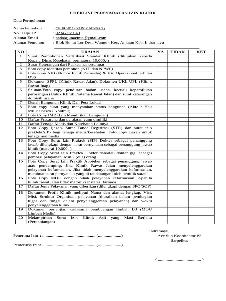 Cheklist Persyaratan Izin Klinik | PDF