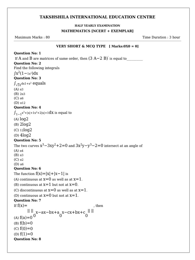 Mathematics (Ncert + Exemplar) (31!08!2024) | PDF | Matrix (Mathematics ...