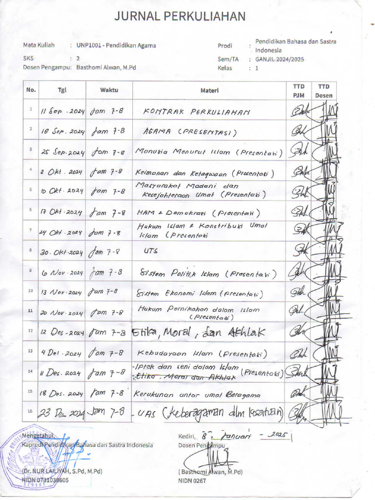 Jurnal Dan Presensi Perkuliahan Pendidikan Agama | PDF