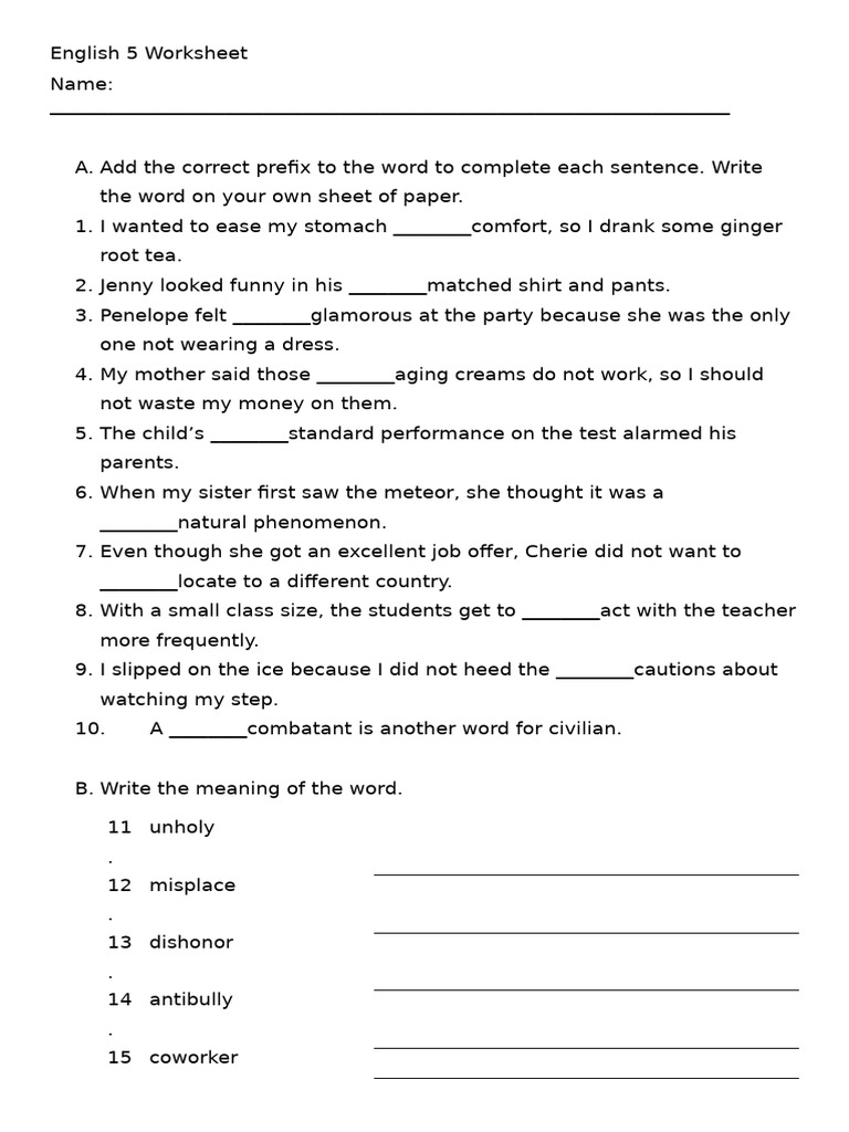 Prefix and Vocabulary Worksheet | PDF