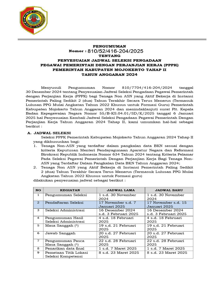 Pengumuman Penyesuaian Kembali Jadwal Seleksi Pengadaan PPPK Tahap II Kab Mojokerto 20250108 ...