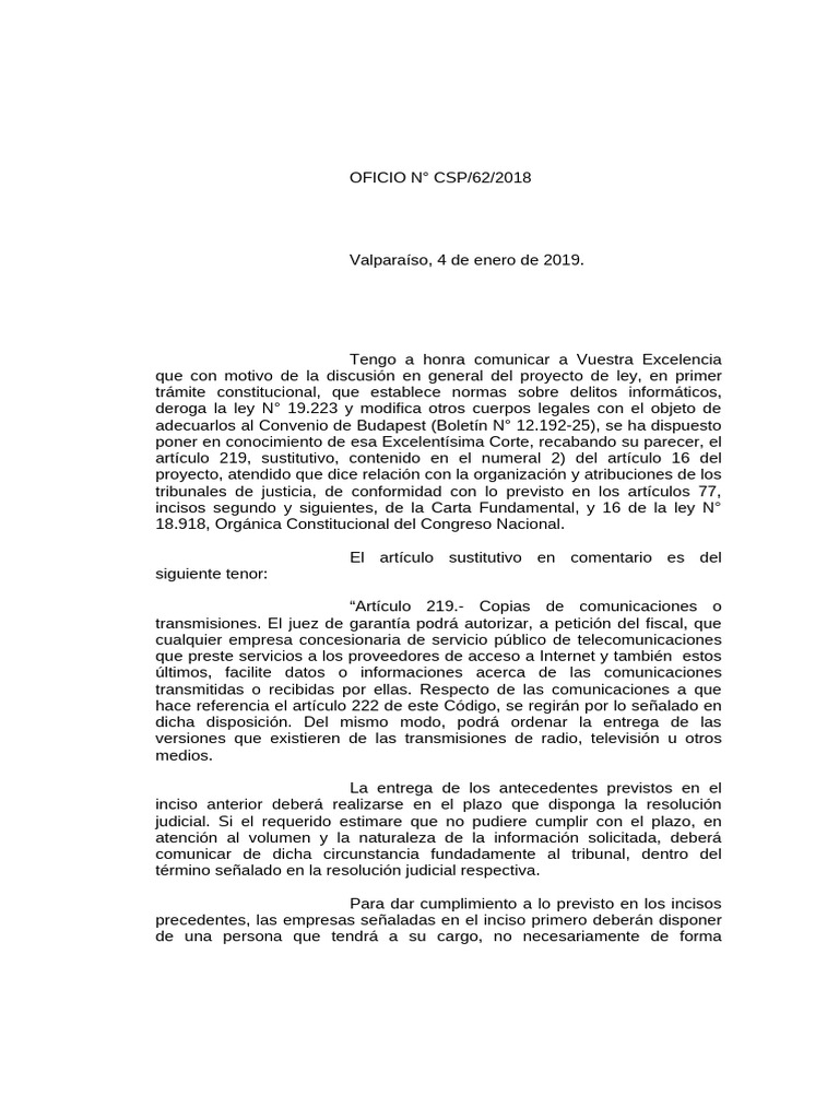 Oficio consulta Corte Suprema BoletÃ_n NÂ° 12.192-25 delitos ...