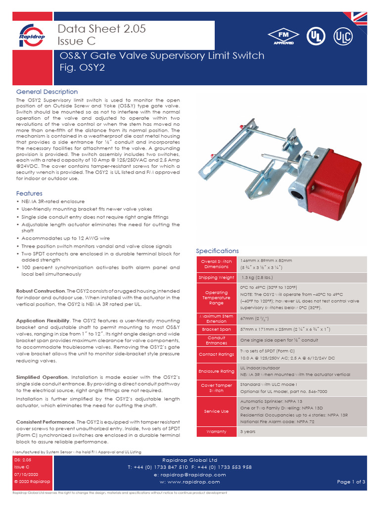 OS&Y Gate Valve Supervisory Switch Data | PDF | Valve | Switch
