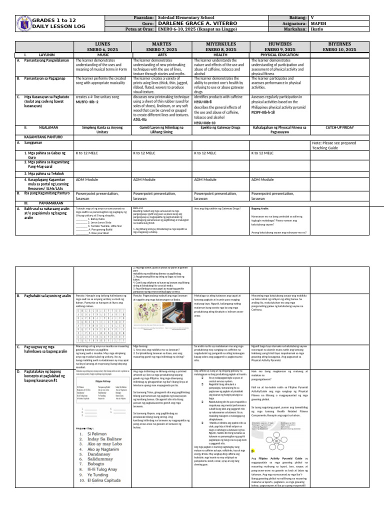 DLL in MAPEH 5 Q3 W4 | PDF