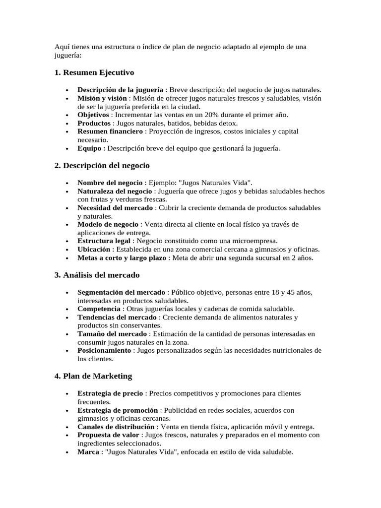 Indice de plan de negocio adaptado | PDF | Plan de negocios | Mercado ...