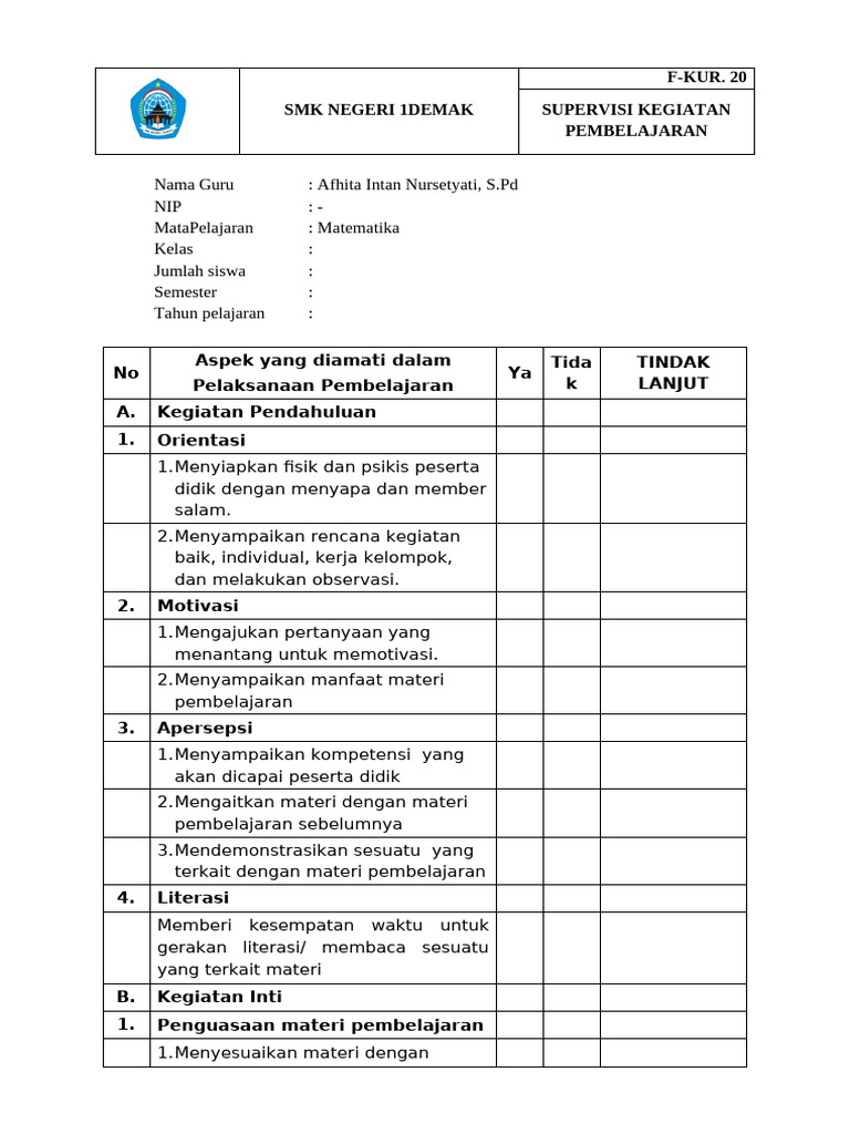 Format Supervisi KBM | PDF
