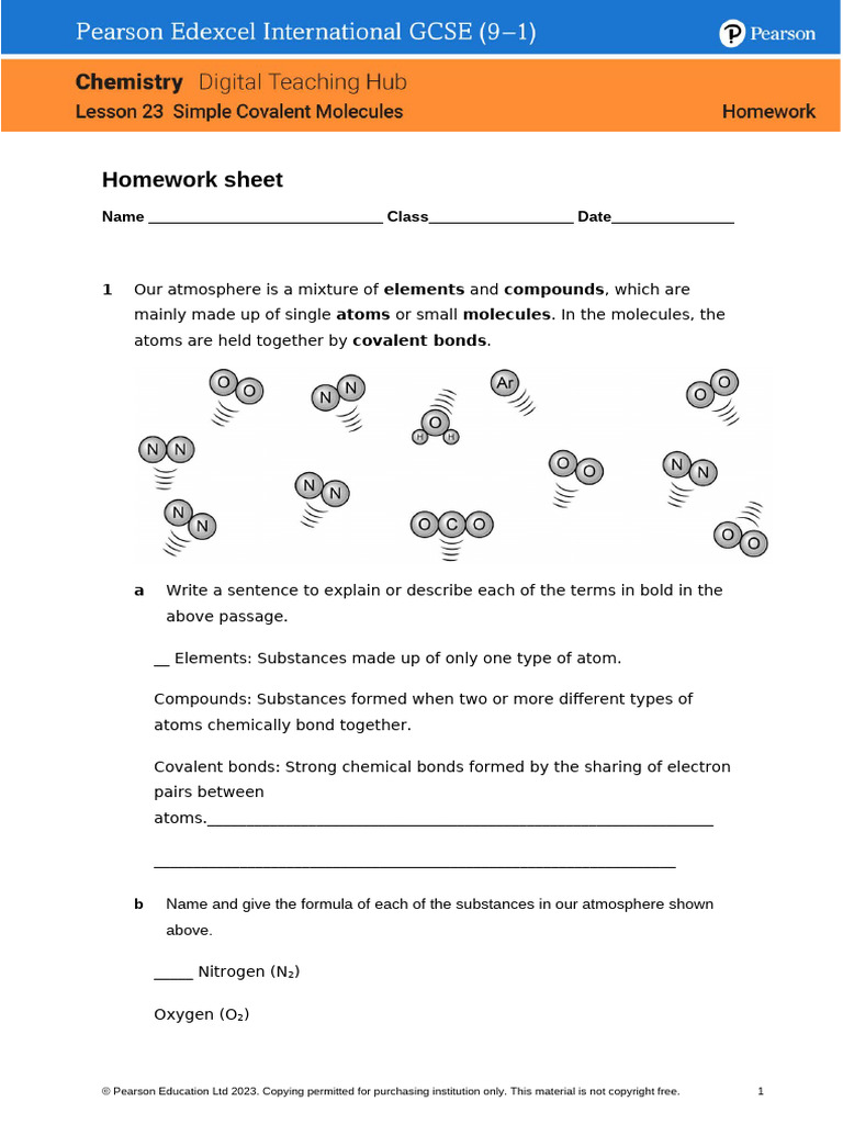 IG Chemistry Lesson23 Homework | PDF | Chemical Bond | Molecules
