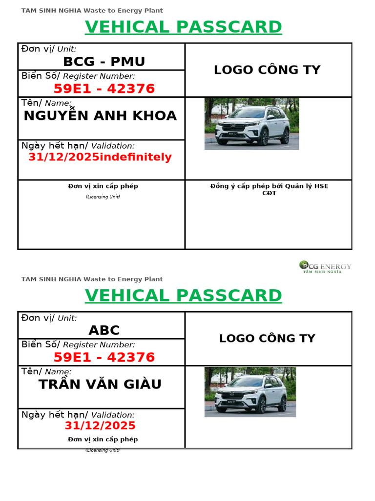 Vehical Passcard | PDF
