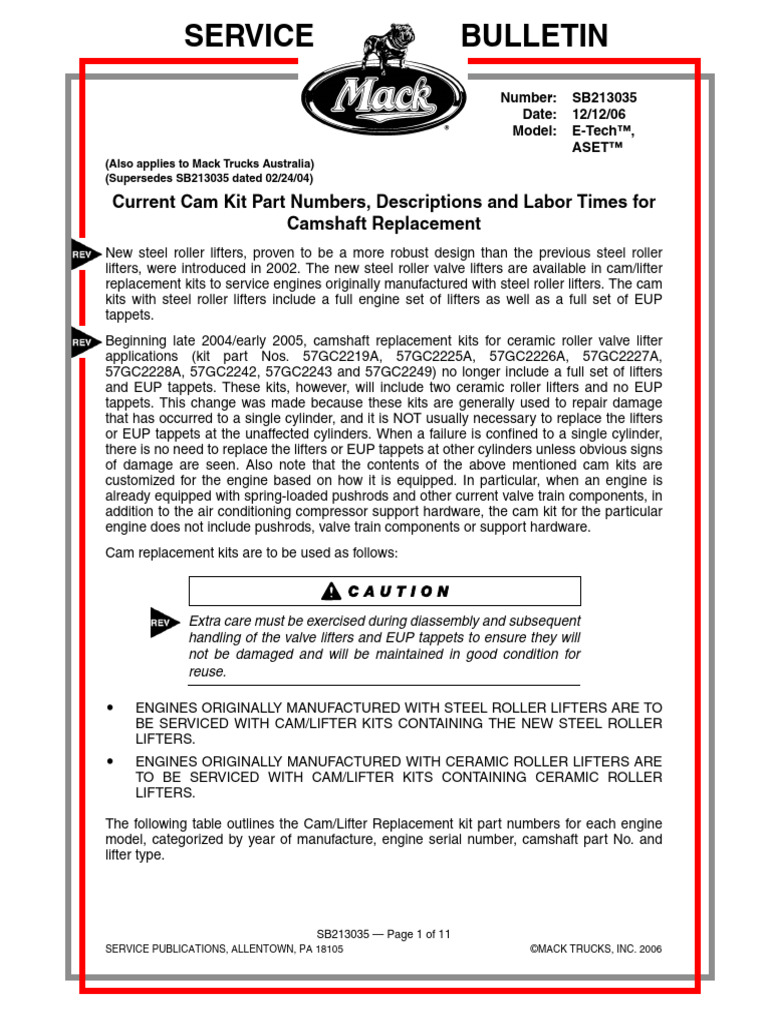 Mack Camshaft Replacement Kits Guide | PDF | Rotating Machines ...