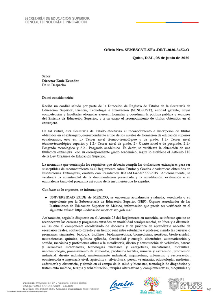 SENESCYT | PDF | Educación más alta | Titulo academico