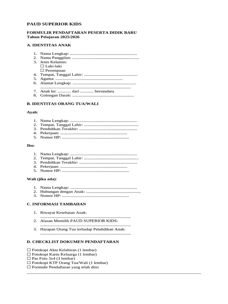 Form Bimba SUPERIOR KIDS | PDF