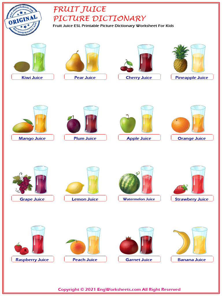 Fruit Juice Esl Printable Picture Dictionary Worksheet For Kids 3157 | PDF