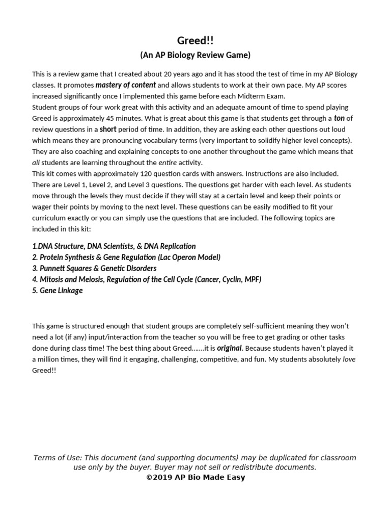 Greed!!: (An AP Biology Review Game) | PDF | Translation (Biology) | Dna