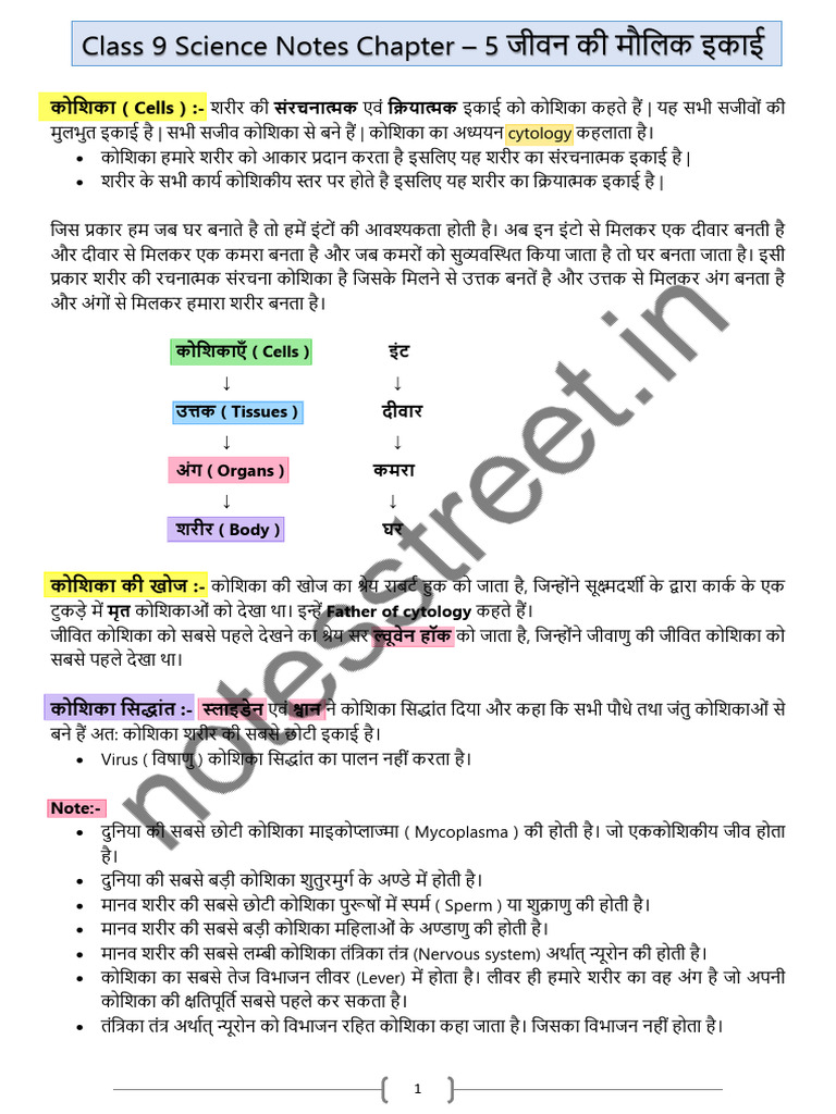 class 9 notes ch 5 कोशिका - watermark | PDF