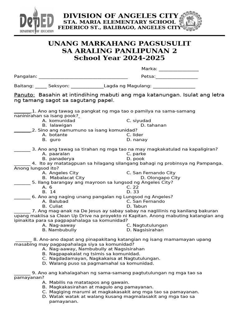 araling panlipunan TQ Q1 | PDF