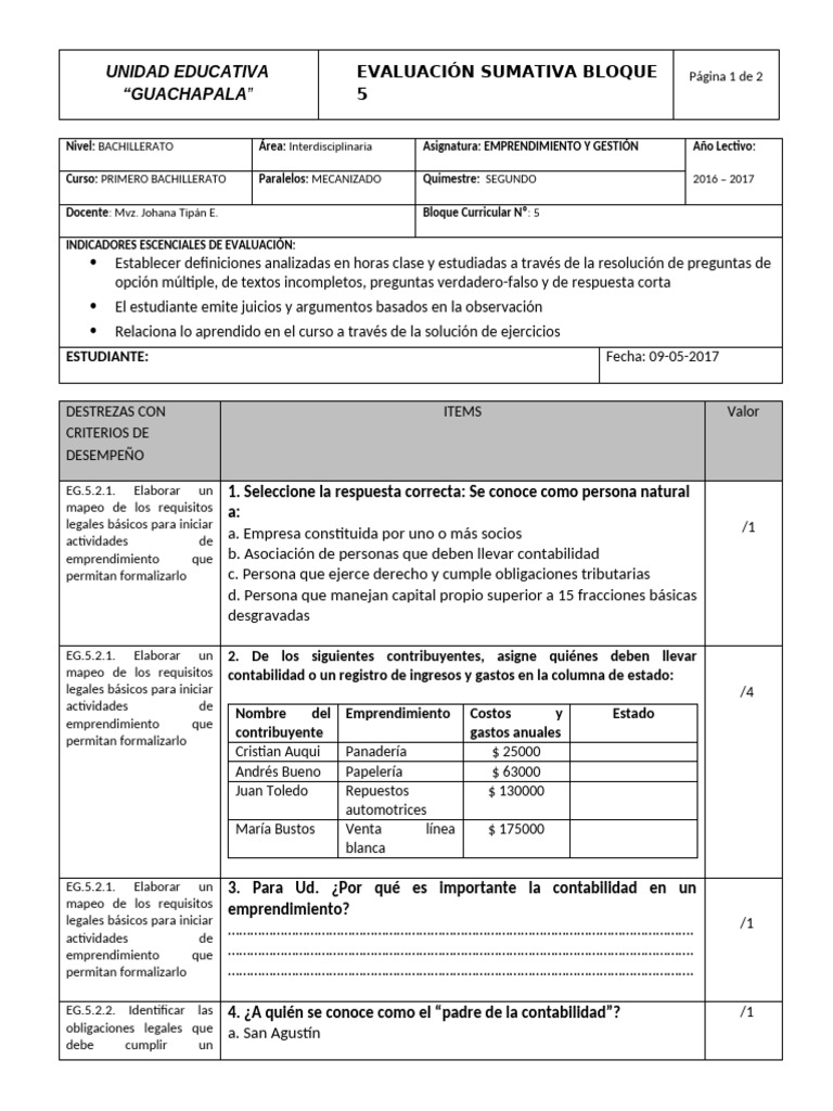 Eval bloq 5 Empre Gest MEC | PDF | Contabilidad | Iniciativa empresarial