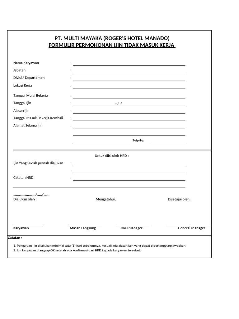 Formulir Ijin Tidak Masuk Kerja | PDF