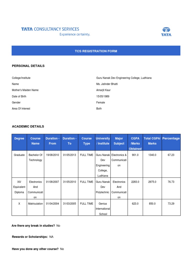 TCS Registration Form for Ms. Jatinder Bhatti | PDF | Short Message ...