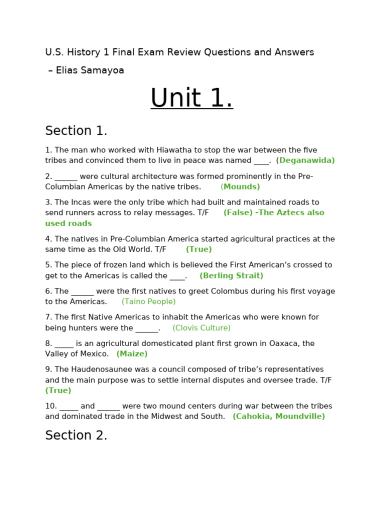 U.S. History 1 Exam Review Questions | PDF | Whig Party (United States ...