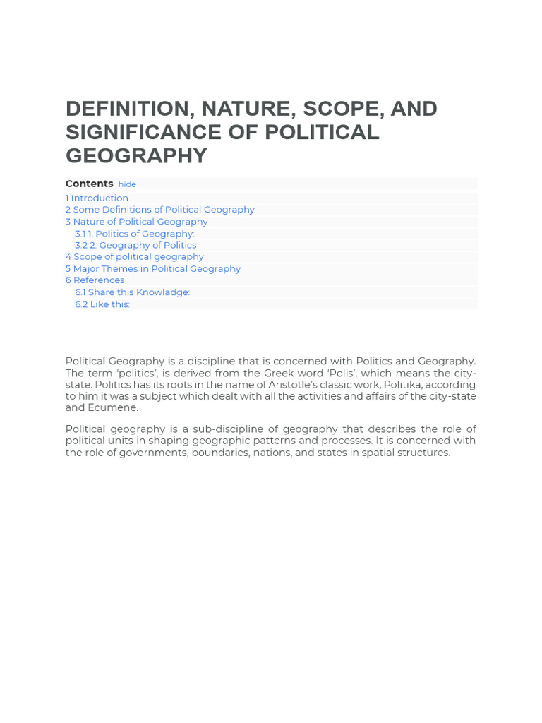 Political Geography: Definition & Scope | PDF | Geography | Nature