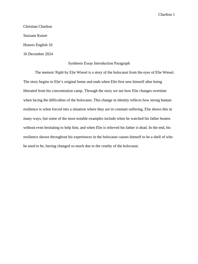 Synthesis Essay Introduction Paragraph | PDF
