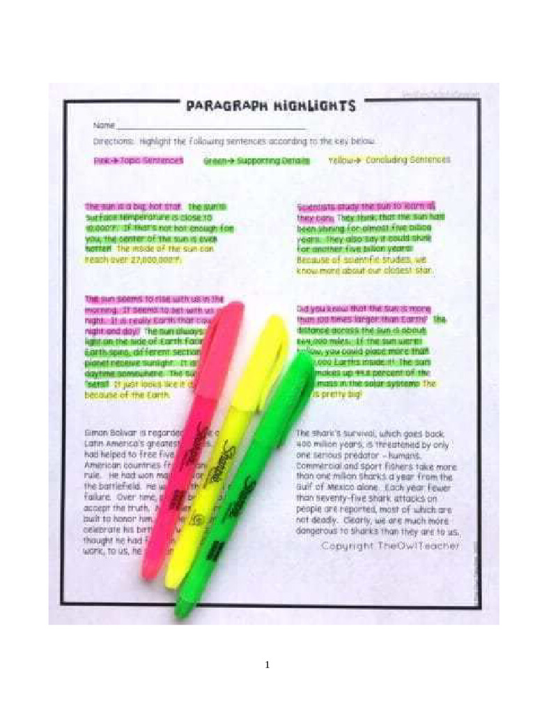 Finding Topic Sentence Worksheet L | PDF | Light