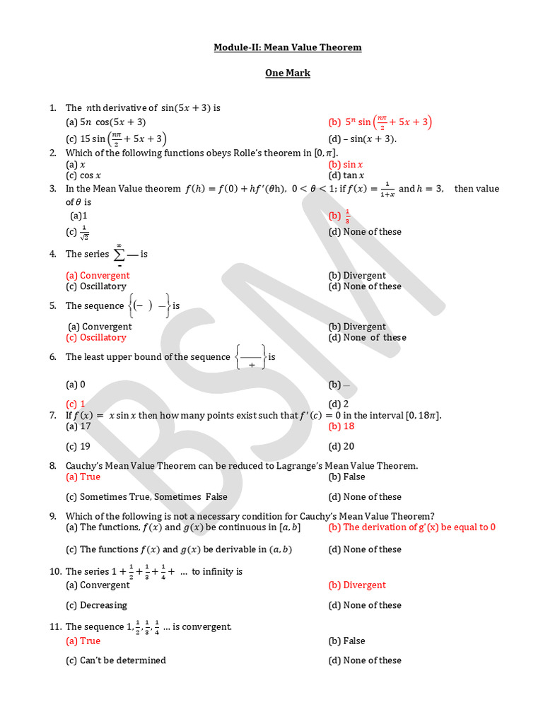 Module-II Mean Value Theorem - Sequence and Series | PDF | Elementary Mathematics | Special ...