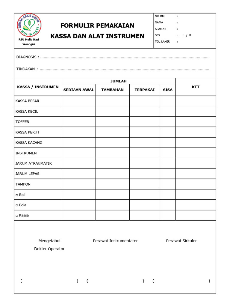 Form Pemakaian Kassa Dan Alat Instrumen | PDF