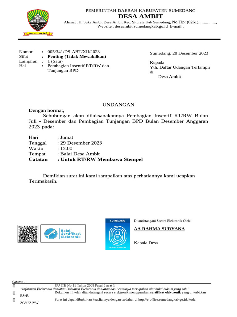 Surat Undangan Insentif RT-RW Dan BPD Tunjangan | PDF