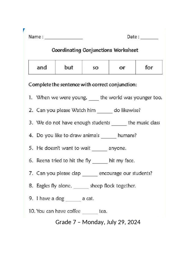 Conjunctions - Worksheet - Grade 7 - Meeting 3-Week 2 - Monday 29 July ...