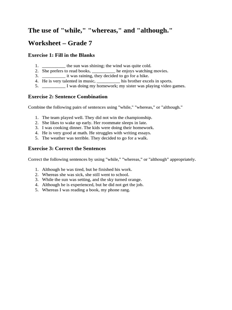 The use of whereas while although exercise - Grade 7 - Meeting 2-Week 1 ...