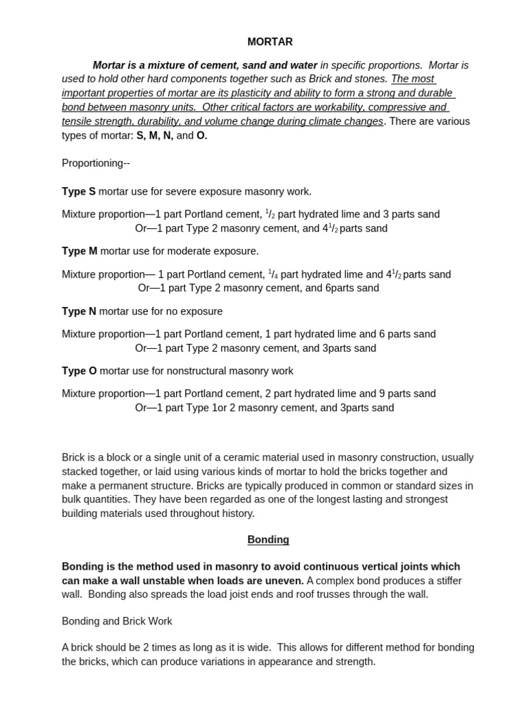 Types and Uses of Mortar in Masonry | PDF | Mortar (Masonry) | Masonry