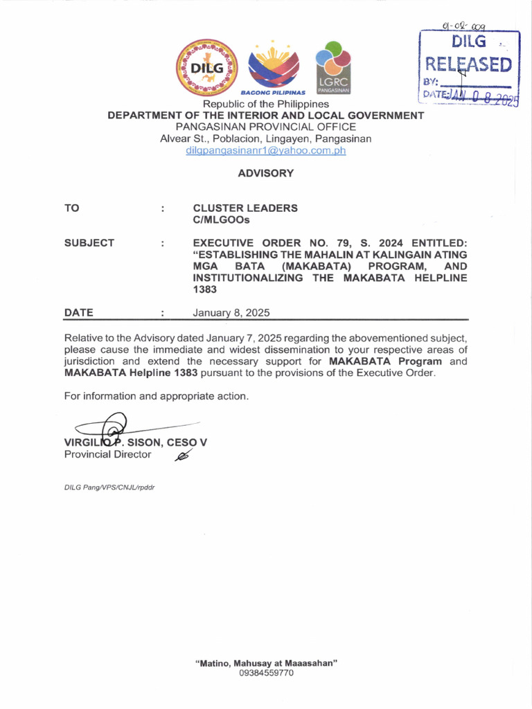 Executive Order No. 79, s. 2024 Entitled Establishing the Mahalin at Kalingain Ating Mga Bata ...