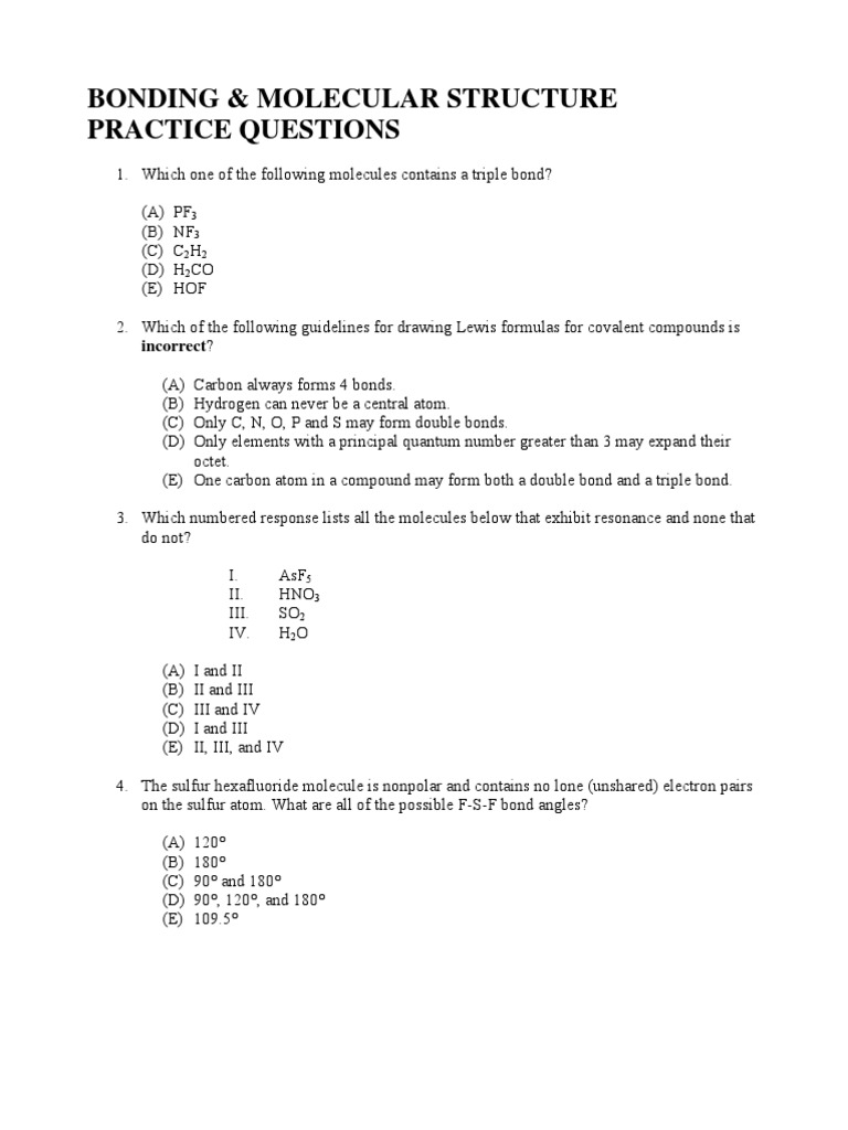 Bonding and Molecular Structure Practice Questions | PDF | Chemical ...