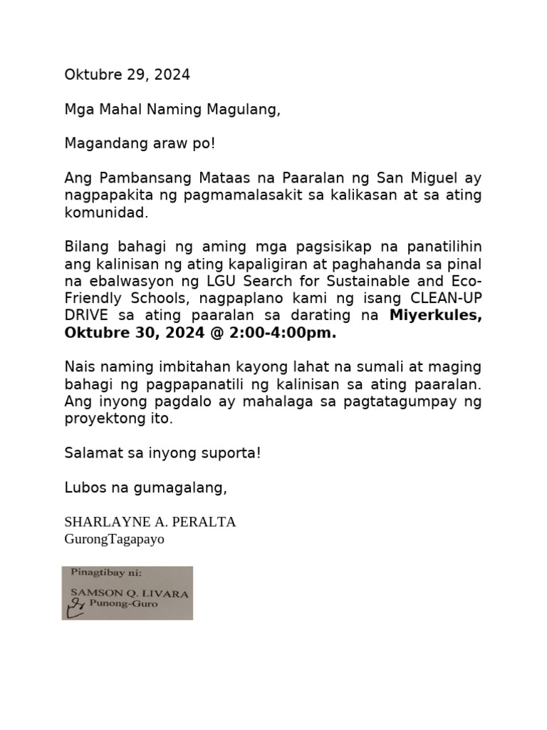 Liham Paanyaya Sa Magulang - Clean Up Drive | PDF