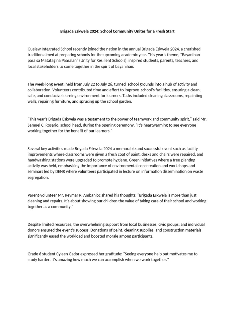 Brigada Eskwela 2024 | PDF | Classroom | Learning