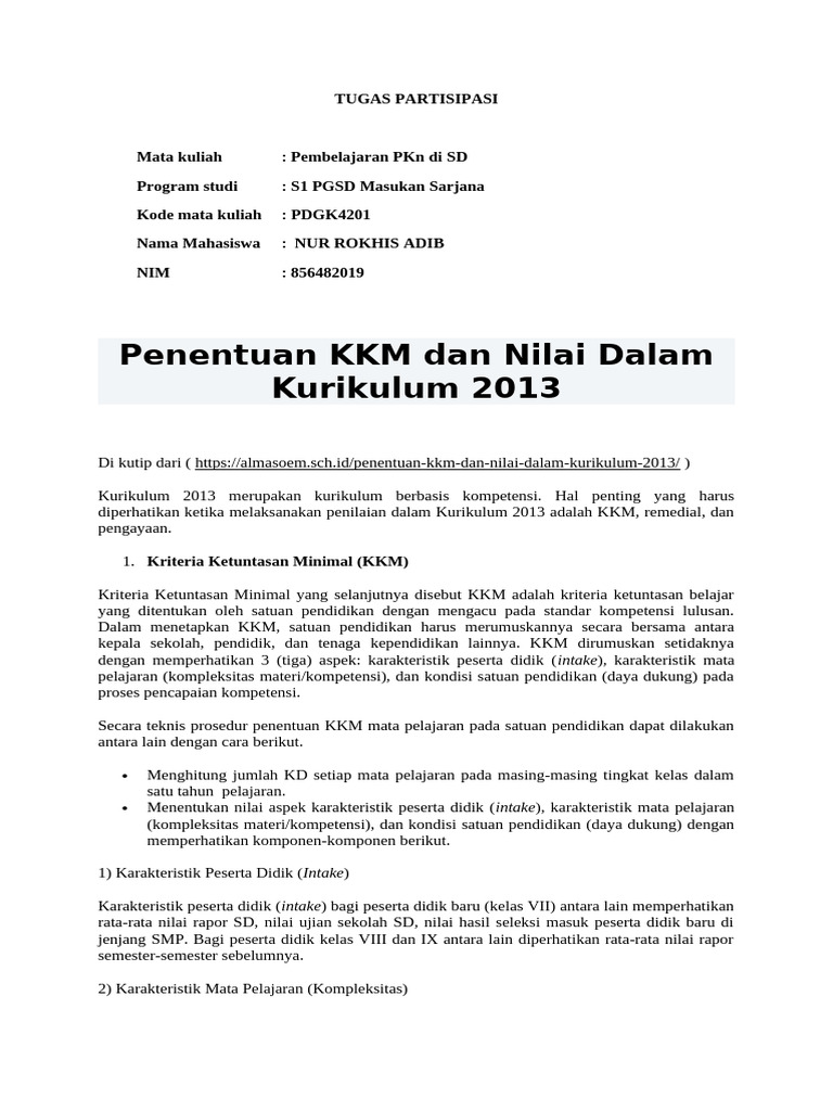 Penentuan KKM Dan Nilai Dalam Kurikulum 2013 (Nur Rokhis Adib) | PDF