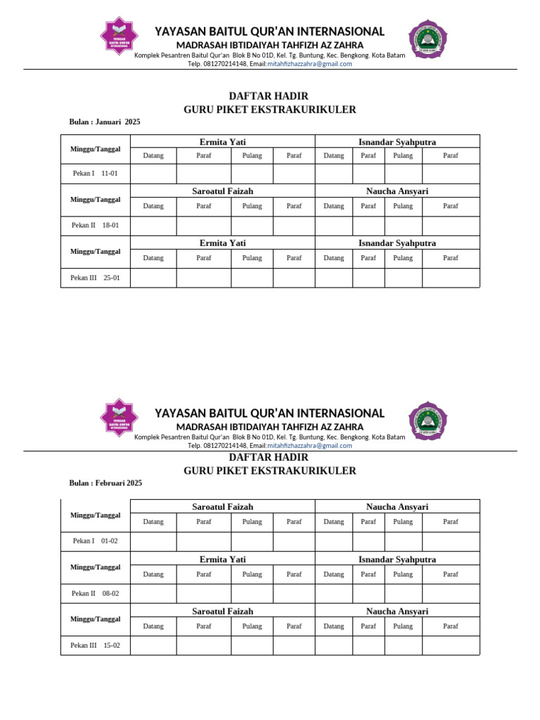 Daftar Hadir Guru Piket 2024 | PDF