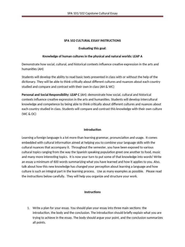 AUG - 2019 - SPA 101-102 Cultural Essay Capstone Assignment | PDF | Essays | Knowledge