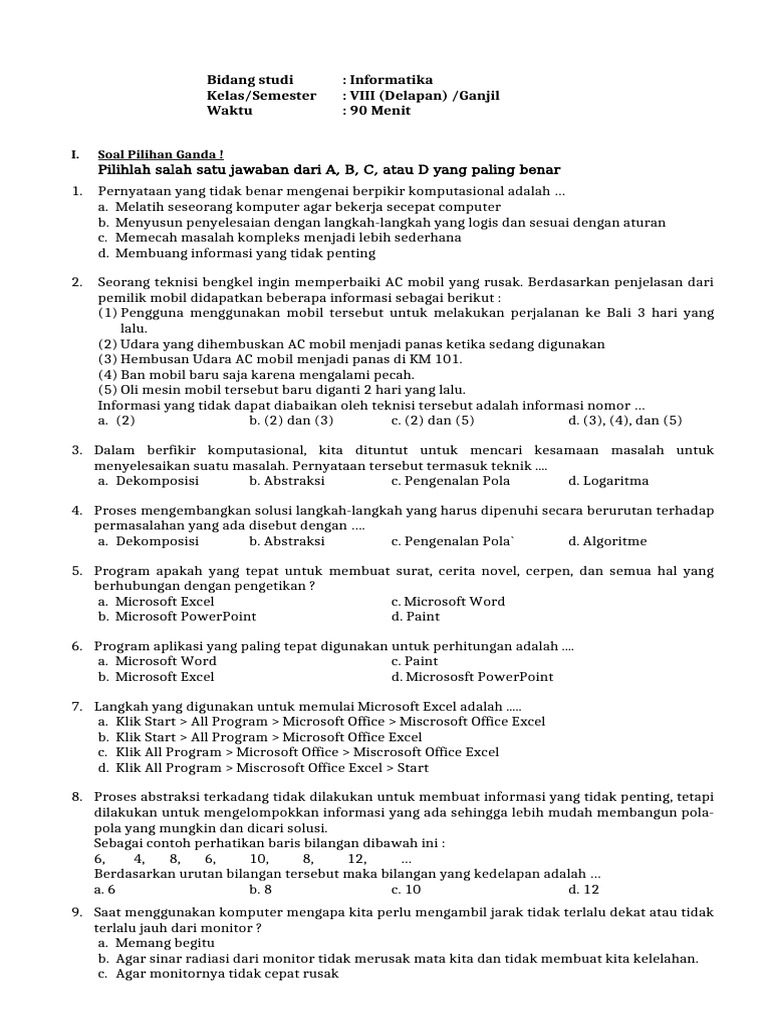 Soal Smt-1 Informatika 8 | PDF