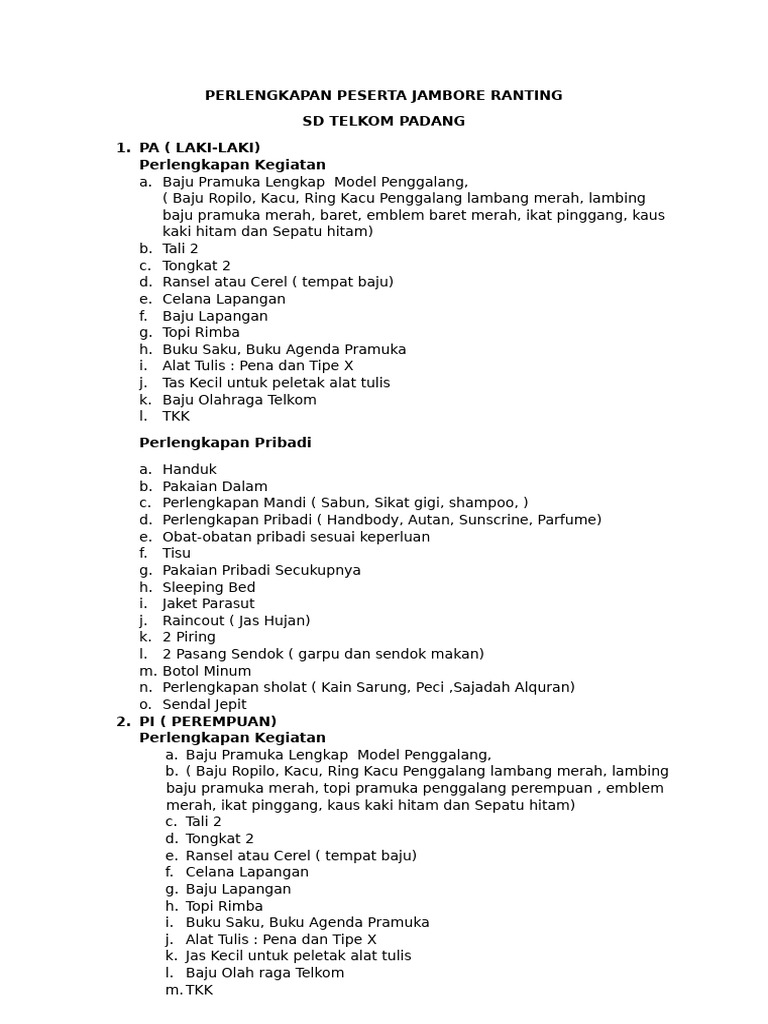 Perlengkapan Peserta Jambore Ranting | PDF