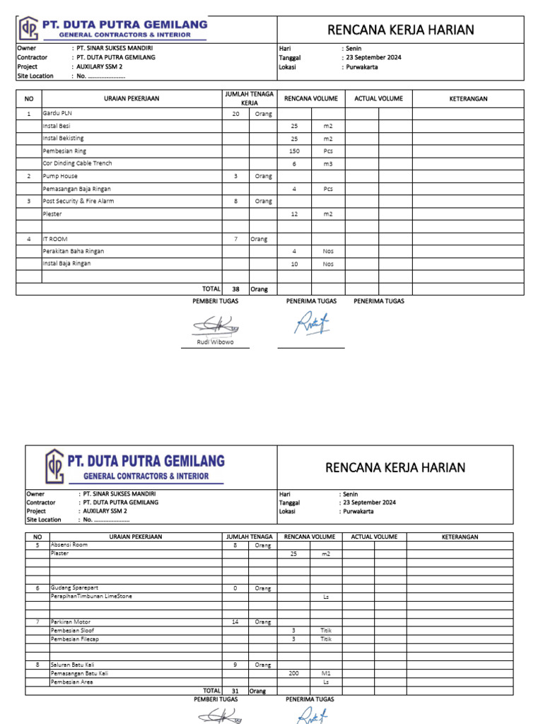 Rencana Kerja Harian - Senin 23 September 2024 - AUXILARY SSM 2 | PDF
