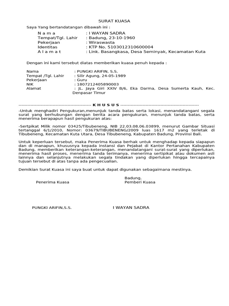 Surat Kuasa I Wayan Sadra | PDF