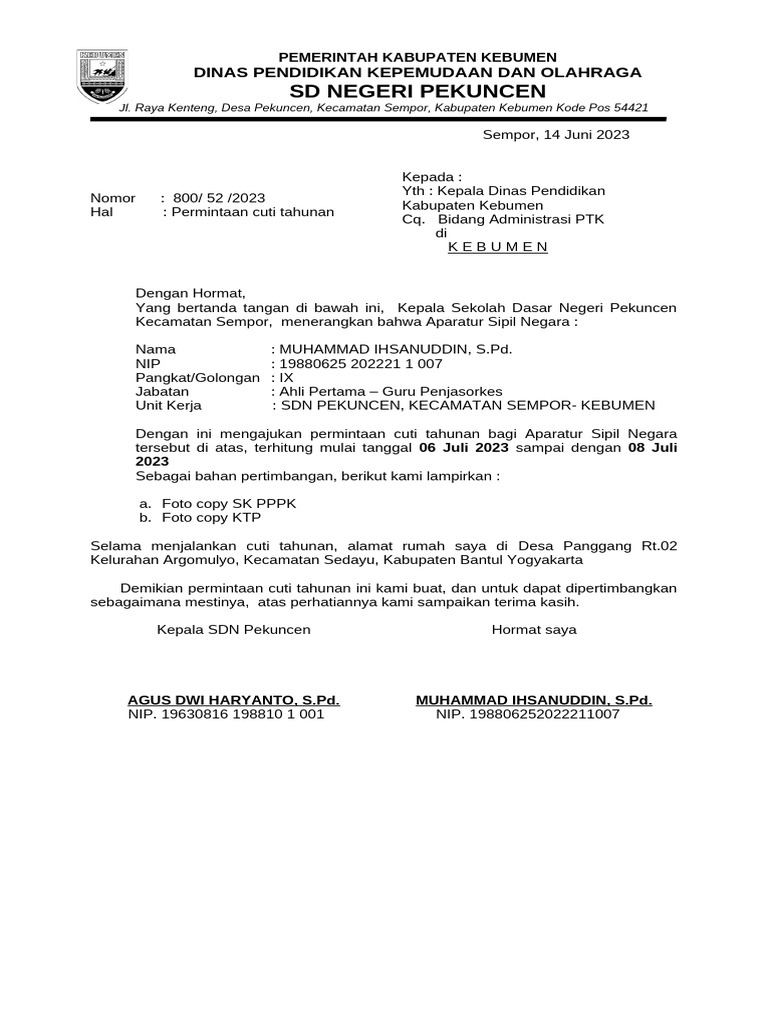 Surat Ijin Cuti Ihsan New | PDF