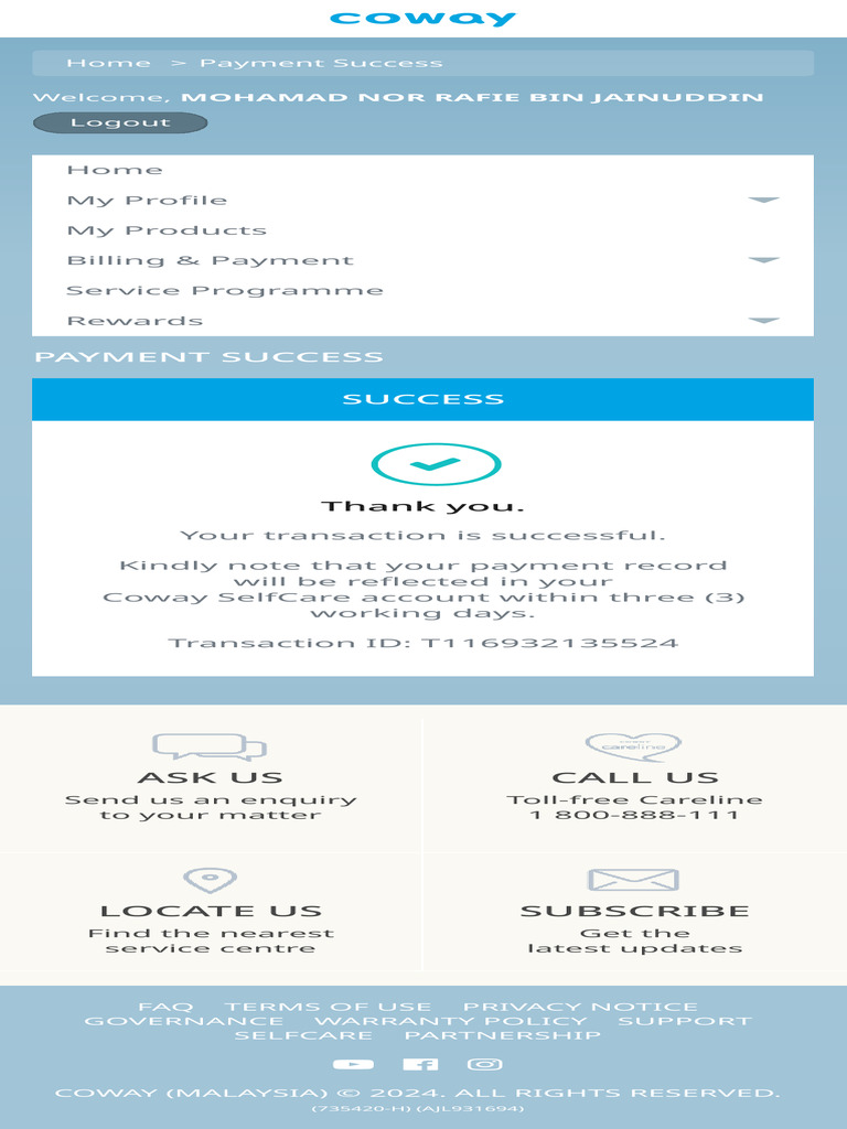 Coway Selfcare Payment Success | PDF