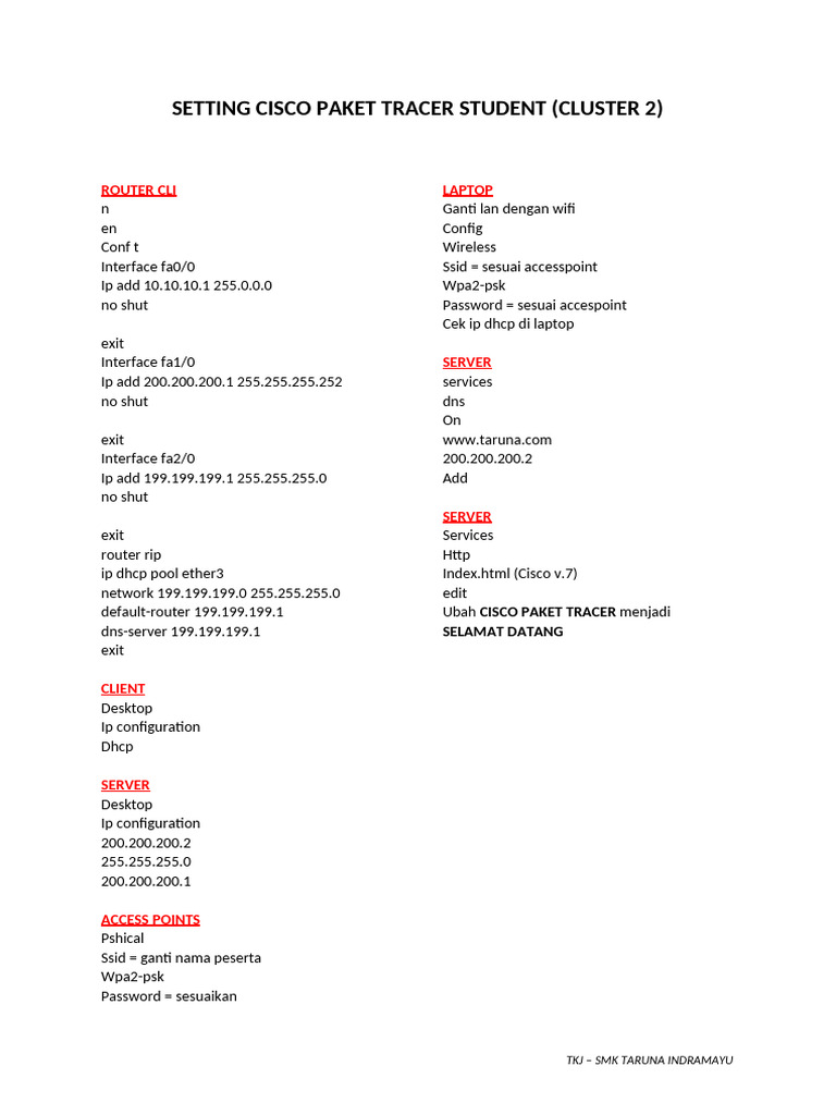 SETTING CISCO PAKET TRACER STUDENT CLUSTER 2 | PDF